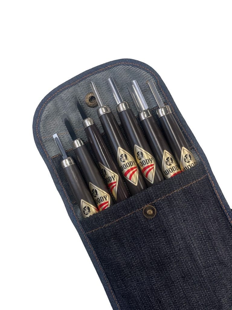 Woody 7 piece set - Lino or Wood carving demin pouch | Ironbridge Framing